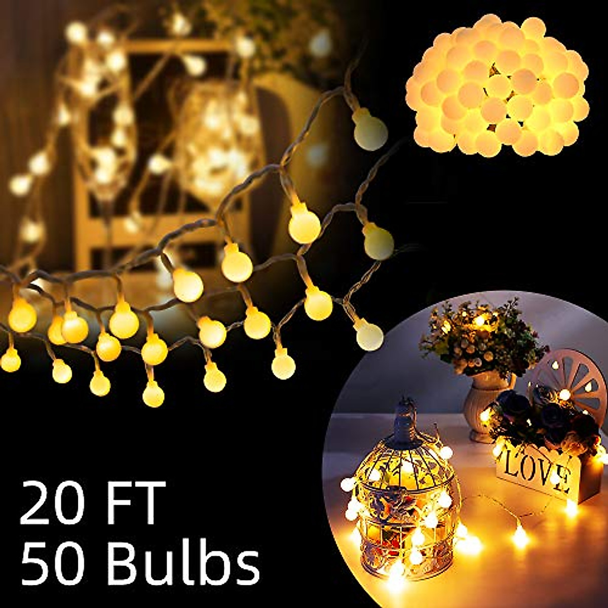 Tasodin LED Globe String Lights Battery Operated 20FT 50LED Fairy Lights with 8 Lighting Modes, Hanging Lights for Bedroom Dorm Patio Garden Christmas Party, Warm White