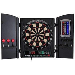 Bullshooter Electronic Dart Board Cabinet Set Home Bar Game Room Playroom Wooden Cabinet Doors LCD Display for Up to Eight Players - 34 Games 183 Variations - 2 Sets of Soft Tip Darts