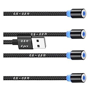 Raosky Magnetic Charging Cable 4pcs,Just Short USB Cables No Magnetic Charging Tips,[0.6~0.8ft,2.4 A Max i Style Nylon Braid Cord,Compatibility Charger Station/Mobile Power&More Devices (Black).
