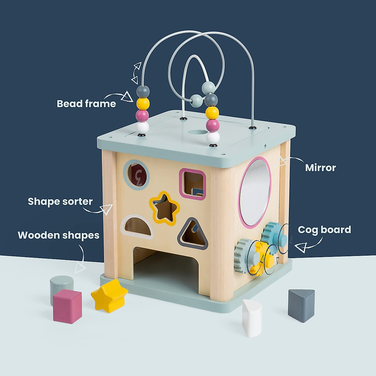 Bigjigs Toys Wooden Activity Cube - 100% FSC® Certified Busy Centre With Shape Sorter & Bead Maze, Sustainable Sensory Toys For 1 Year Old, 22cm W x 23cm H