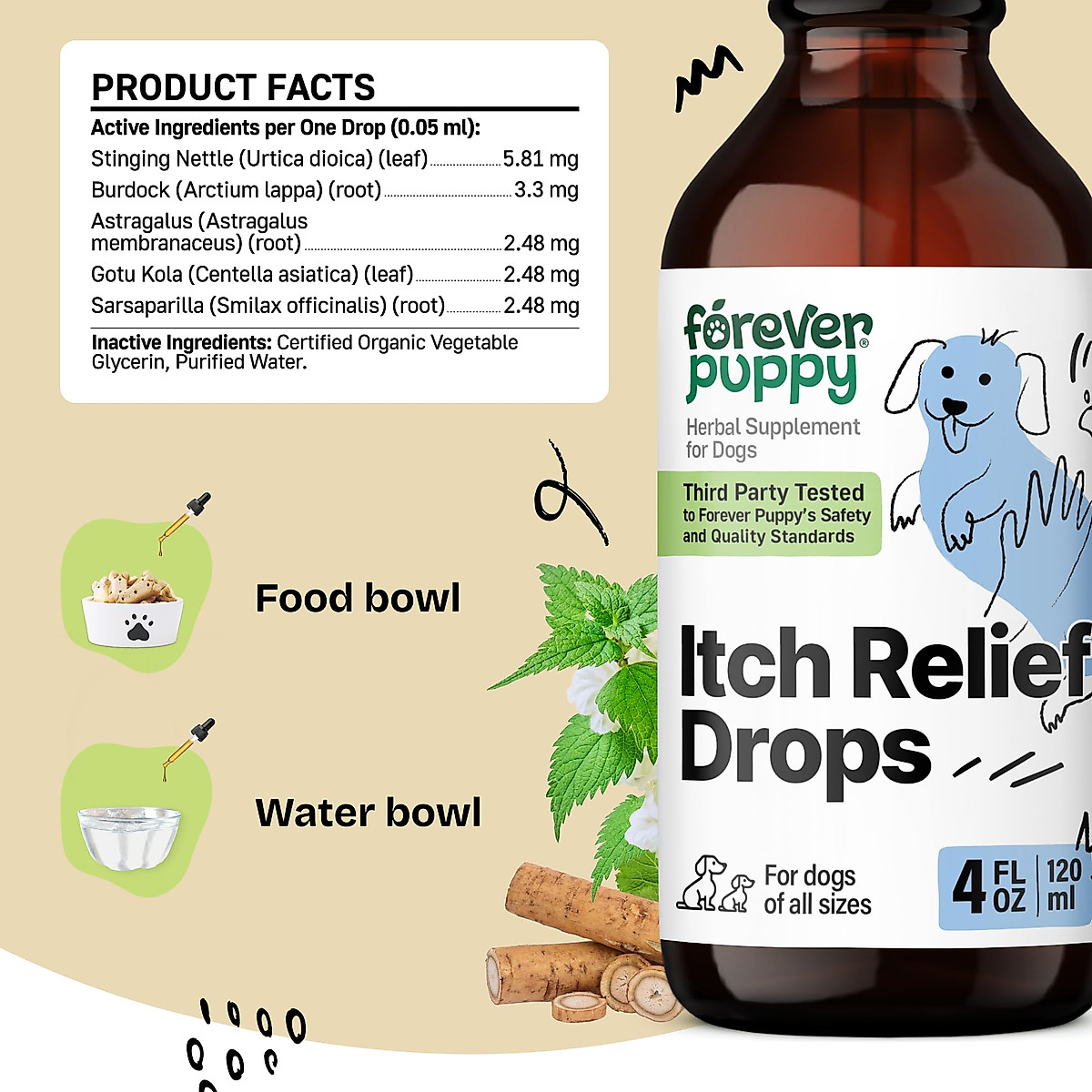 Itch Skin Relief for Dogs - Nutritional Drops for Dry Itchy Skin w/Soothing Gotu Kola - Itchy Paws Dog Relief w/Stinging Nettle Leaf - Herbal Dog Vitamins and Supplements for Happy Pets - 4 oz