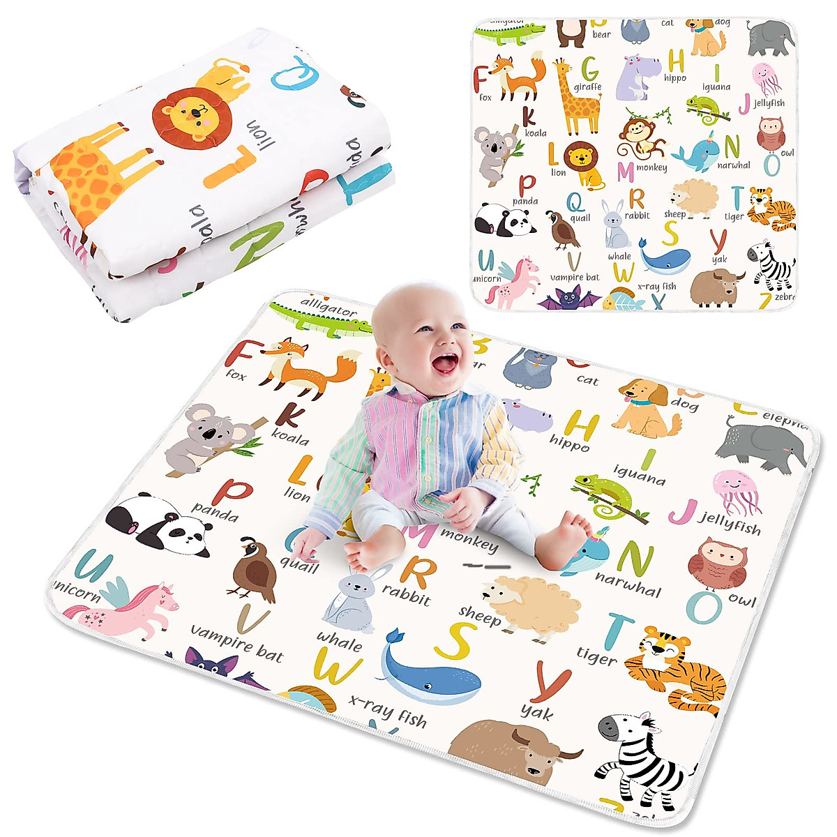 Tradder Alphabet ABC Portable Baby Play Mat 43 x 43 Inch Boho Animal Washable Foldable Non-Slip Crawling Mat for Babies Kids Play Mats Pad for Floor Playpen Toddler Infants Tummy Time Activity Mat