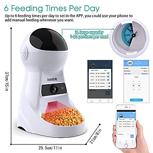Iseebiz Automatic Pet Feeder with Camera, 3L App Control Smart Feeder Cat Dog Food Dispenser, 2-Way Audio, Voice Remind, Video Record, 6 Meals a Day for Medium Small Cats Dogs, Compatible with Alexa