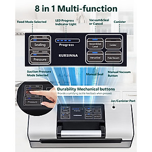 KURSINNA Automatic Vacuum Sealer Machine, 8 in 1 Multi-function Dry/Moist Modes For Food Preservation, Powerful Food Sealer with Built-in Cutter and Bag Storage | VS5738