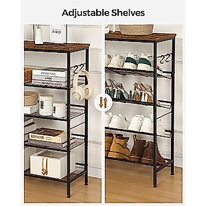 Hzuaneri 5 Tier Shoe Rack, Free Standing Shoe Storage for Entryway, Adjustable Shoe Organizer Shelves with 1 Side Pocket and 2 Hooks, Steel, Industrial, Rustic Brown and Black SR04101B