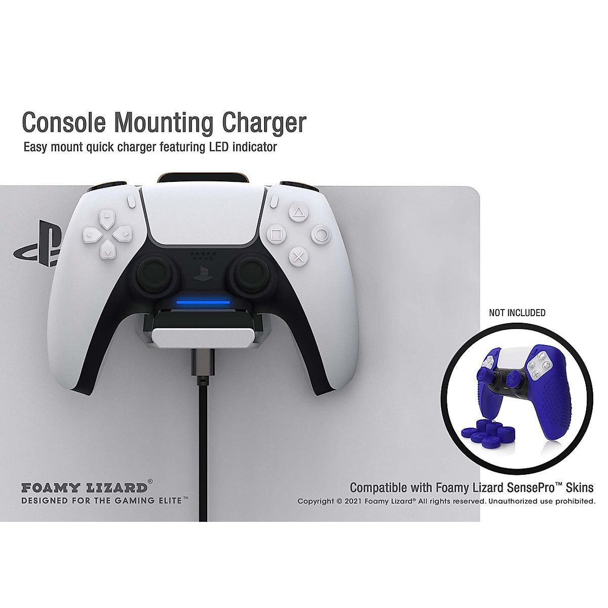 Foamy Lizard PS5 Controller Charger Console and Wall Mount for Playstation 5 DualSense Fast Charging Station Hanging Dock, Headphone Hook, LED Indicator, Overcharge Protection (PS5 White+Black)