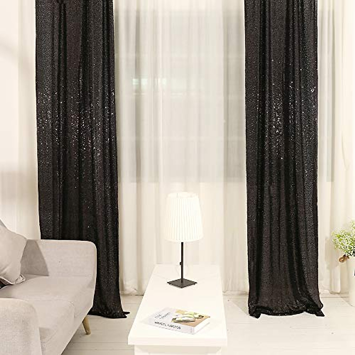 TRLYC Black Sequin Backdrop Curtain - 2 Panels 2.3x8FT Photography Backdrop Seamless Sequin Curtains