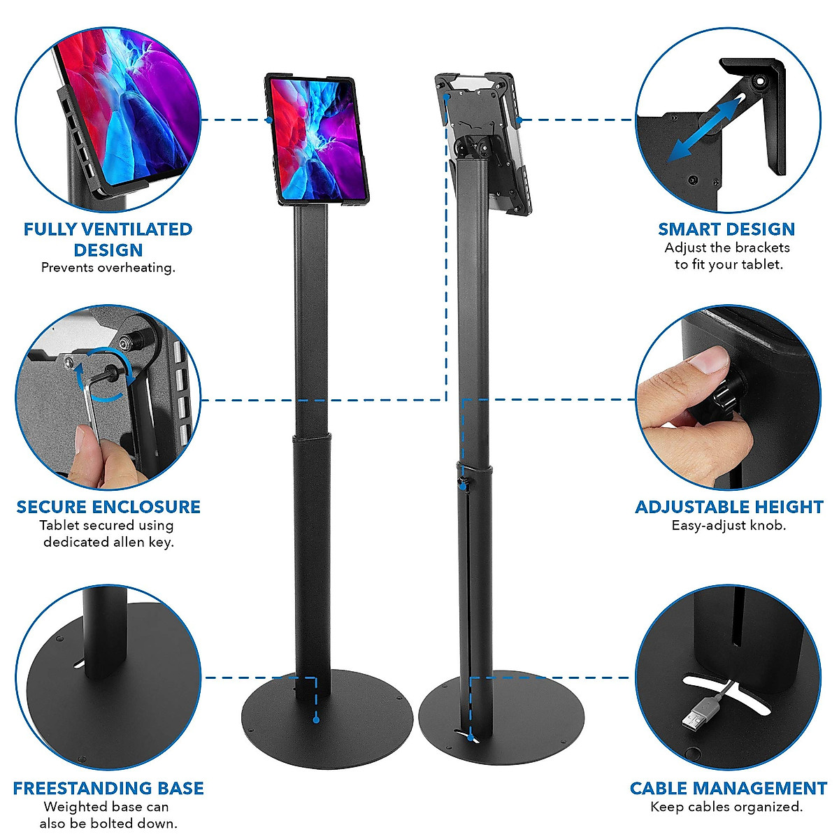Mount-It! Anti-Theft Universal Tablet Kiosk Stand, Fits iPad Pro, Galaxy Tab, Surface Pro 9.7-13 Inch Tablets | Adjustable Floor Stand with Secure Locking for Retail, Trade Shows, POS, and Public Use
