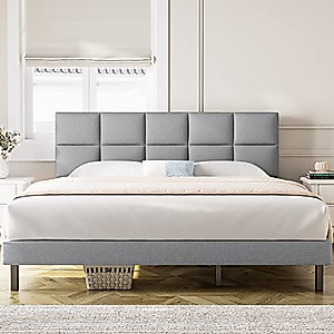 Molblly King Size Bed Frame Upholstered Platform with Headboard, Strong Frame and Wooden Slats Support, Linen Fabric Wrap, Non-Slip and Noise-Free,No Box Spring, Easy Assembly, Light Grey