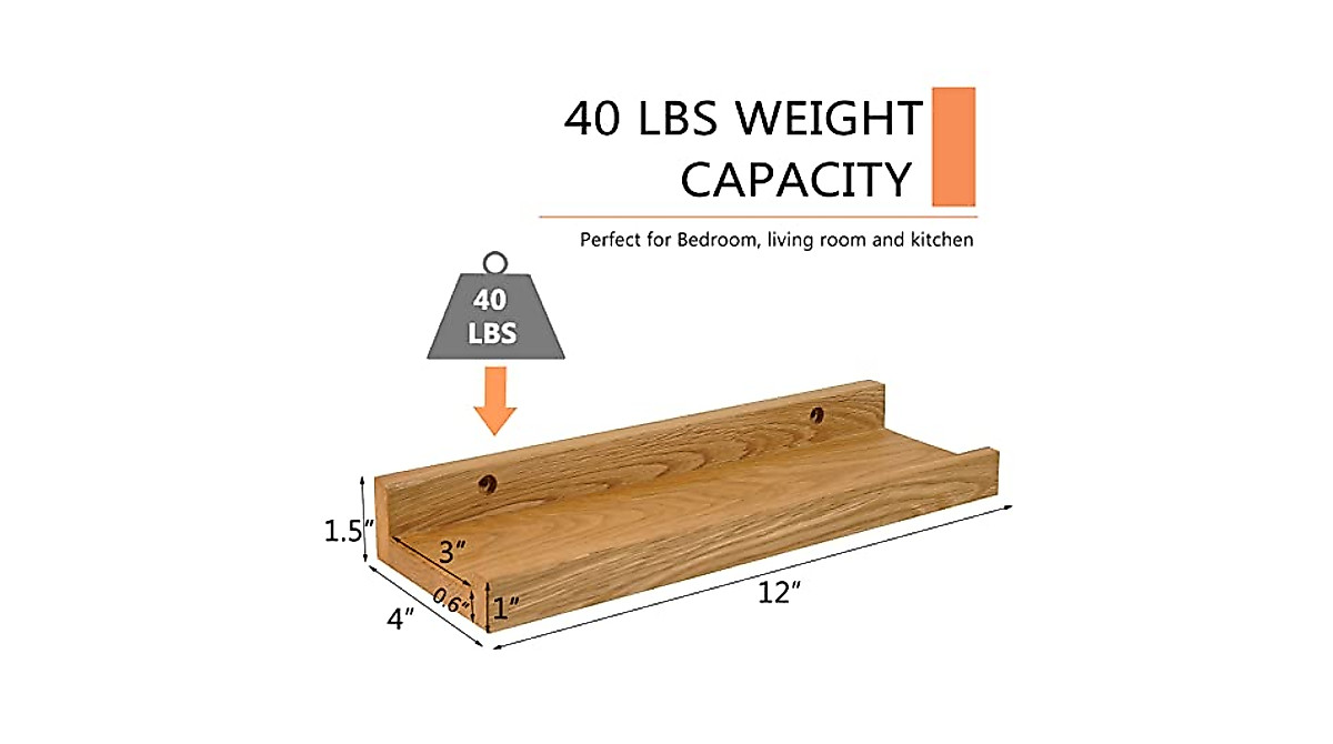 Recogwood 12-Inch Natural Solid Oak Floating Shelves for Wall Decor