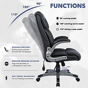 High Back Executive Office Chair- Ergonomic Home Computer Desk Leather Chair with Padded Flip-up Arms, Swivel Rolling Chair for Adult Working Study-Black