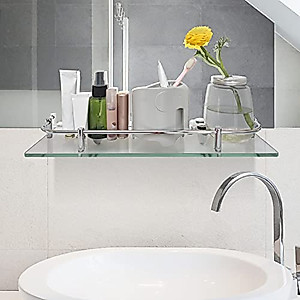 VASUHOME 2 Tier Bathroom Glass Shelves, Tempered Glass Bathroom Wall Organizer with Silver Guardrail, and 2 Metal Hooks - Wall Mounted Rectangular Shelves for Storage and Display