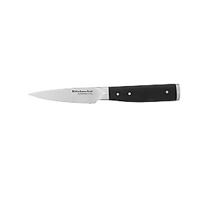 KitchenAid Gourmet Forged Triple Rivet Serrated Paring Knife with Custom-Fit Blade Cover, 3.5-inch, Sharp Kitchen Knife, High-Carbon Japanese Stainless Steel Blade, Black