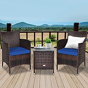 DORTALA 3 Piece Patio Furniture Set, Outdoor Rattan Conversation Set with Coffee Table, Chairs & Thick Cushions, Patio Sectional Sofa Set, Wicker Bistro Set for Patio Garden Lawn Backyard Pool, Navy