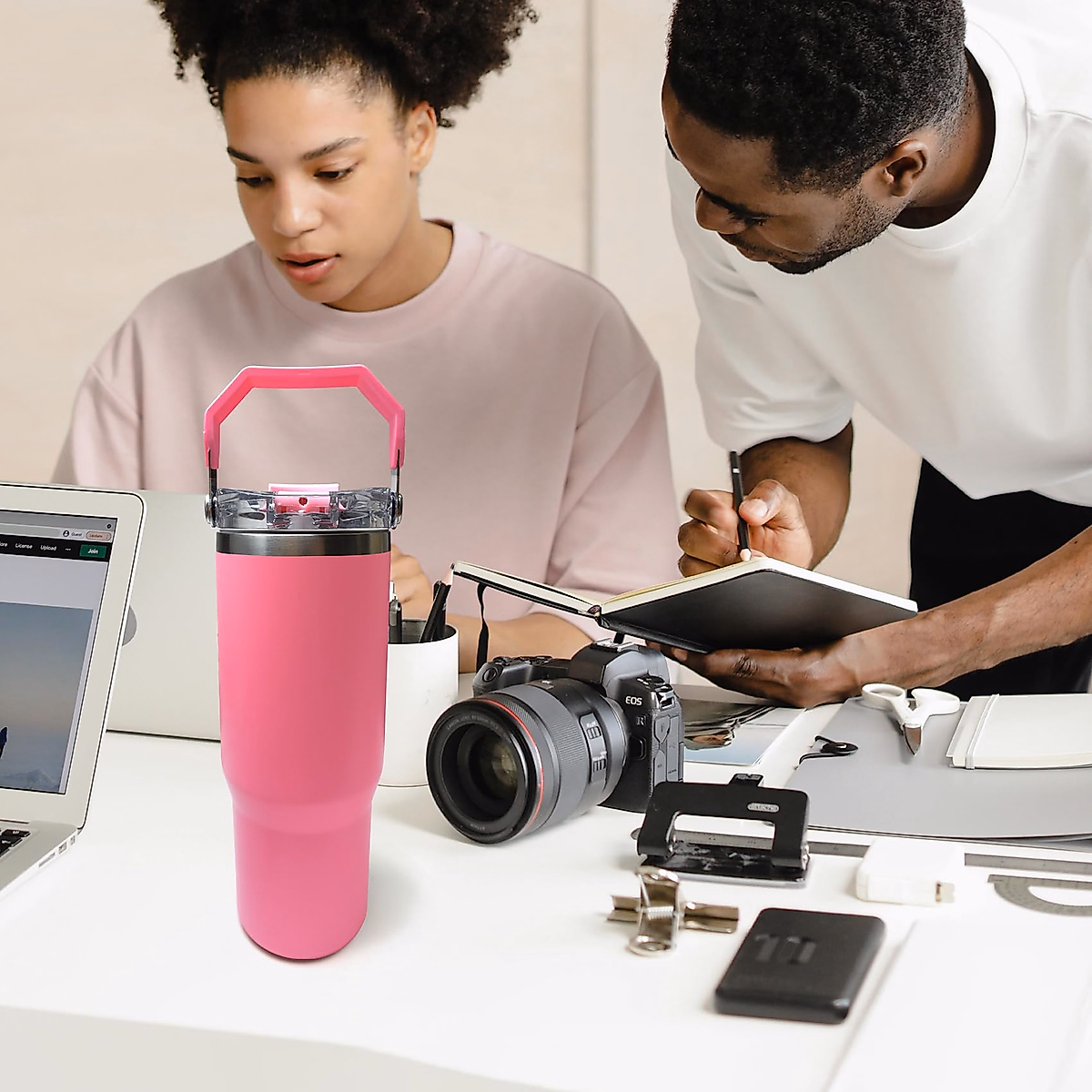 Replacement Lid for Stanley IceFlow 20oz 30oz Spill Proof Tumbler Cover with Handle & 2-in-1 Flip Straw Spout (Clear lid White)