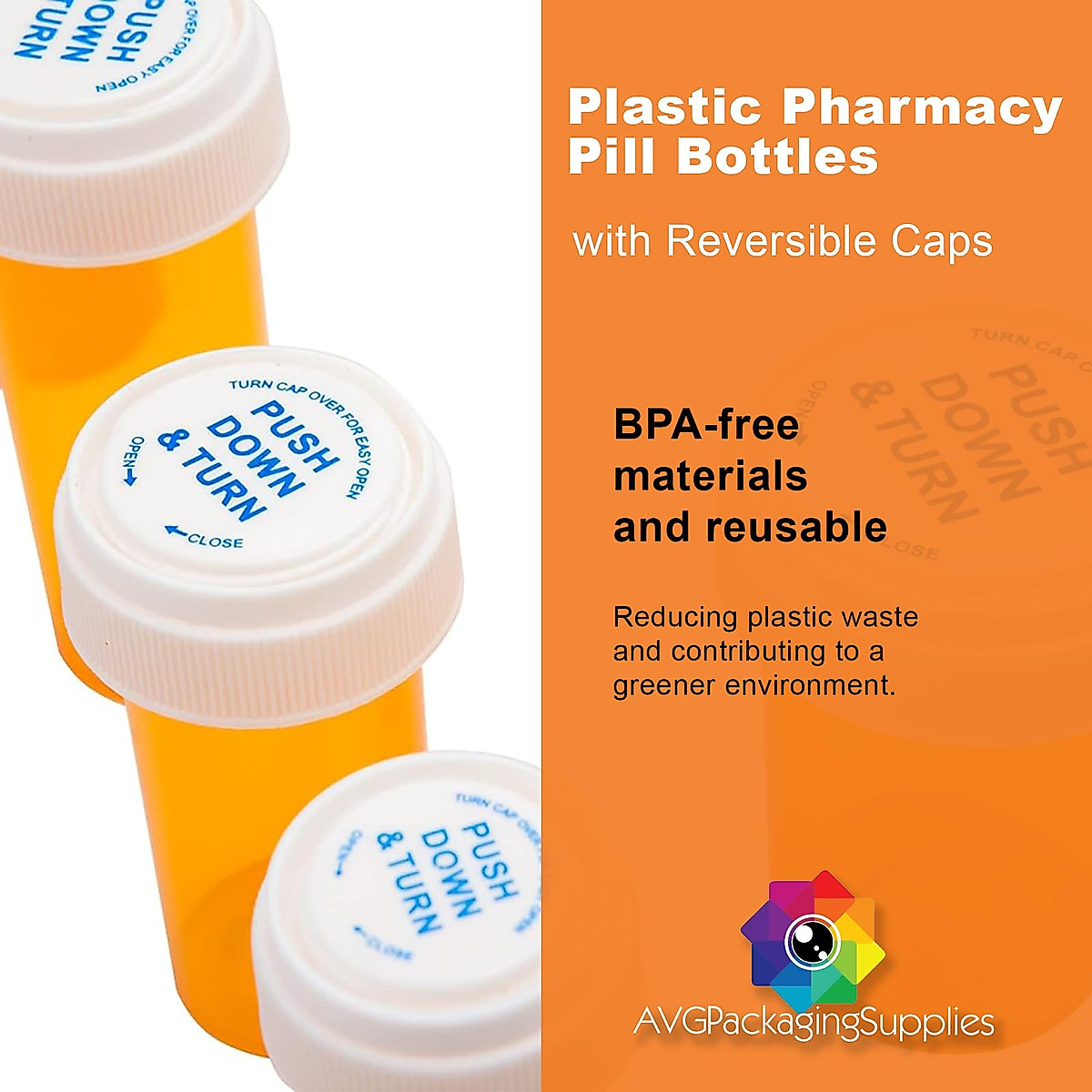 AVG Packaging Supplies Reversible Plastic Pharmacy Pill Bottles with Reversible Caps - Pharmacy Prescription Empty Containers, 60 Dram Vials (25ct)