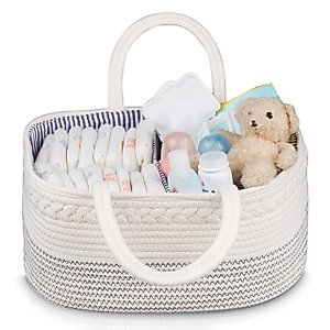 Baby Basket - Jeneric Design?s Woven Rope Portable Light Weight White Nursery Caddy Basket with Handles for Storage and Organization of Diapers, Toys, Baby Laundry Clothes, Towels, Blankets