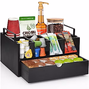 Coffee Bar Organizer for Countertop, Wood Coffee Station Organizer with Drawer, K Cup Organizer Coffee Pods Holder with Handle, Rustic Coffee Bar Accessories Condiment Organizer for Coffee Bar Decor