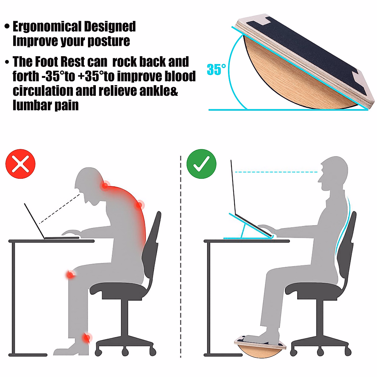 Pandaq Foot Rest Under Desk, Desk Footrest, Rocking Foot Nursing Stool,Wood Foot Stool with Soft Foam, Ergonomic Pressure Relief Stool for Home and Office