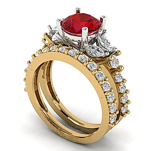 Clara Pucci 2.82ct Round Marquise Cut Laser Engraving 3 stone With S Ruby Designer Statement Ring Band Set 18K 2 tone Gold Size 6