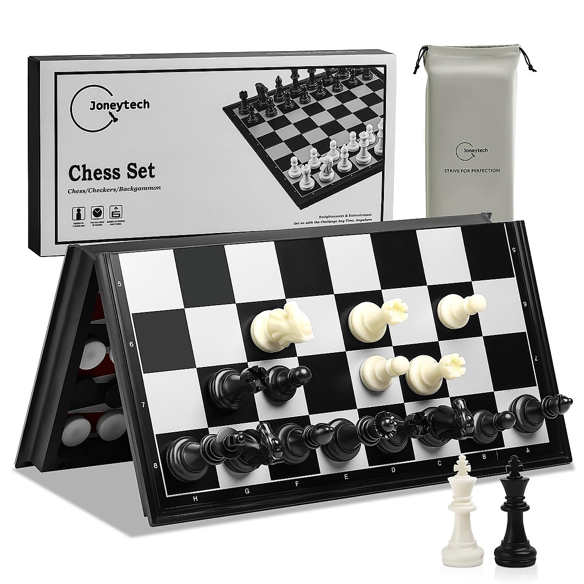 Joneytech Magnetic Chess Set for Kids and Adults, 13 inch 3 in 1 Chess Checkers Backgammon Travel Portable Folding Sets, Gift Children Chess Board Game with Extra Queen