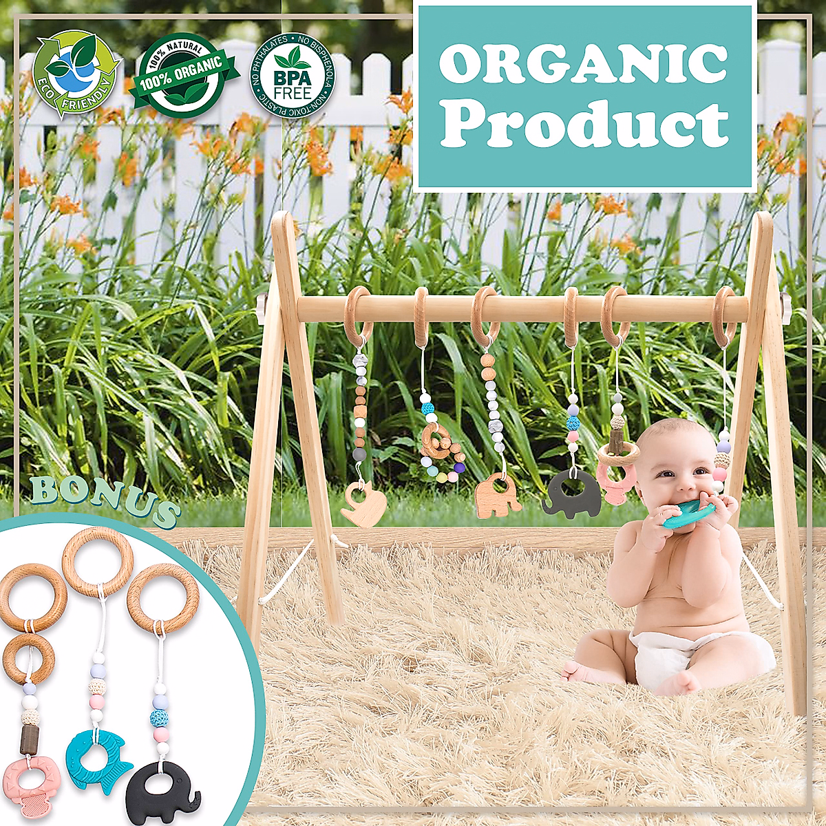 LAVIELLE Wooden Baby Gym Set with 6 Hanging Teethers, Montessori Foldable Play Gym for Newborns, Ideal Nursery Activity Center, Perfect Giftable Toy Set