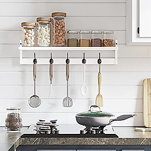 BAMEOS Wall Hooks with Shelf Entryway Wall Hanging Shelf Wood Coat Hooks for Wall with Shelf Wall-Mounted Coat Hook Rack with 5 Dual Hooks for Bathroom, Living Room, Bedroom (White-with Shelf)