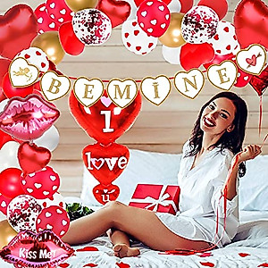 Valentines Day Balloon Arch Garland Kit, Red White Love Balloons Red Confetti Balloons Red Rose Petals Heart Garland I Love U Balloon Be Mine Banner for Valentine Day Engagement Wedding Decorations