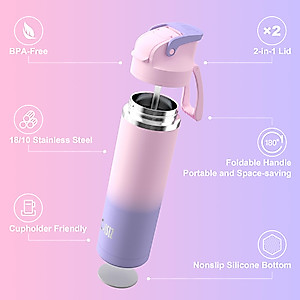 OISIZ Insulated Water Bottle 24 oz with 2-in-1 Straw and Swig Lid, Leakproof and BPA Free, Keep Cold 24H, Vacuum Stainless Steel Kids Water Bottle for School, Travel and Sports, All Dishwasher Safe