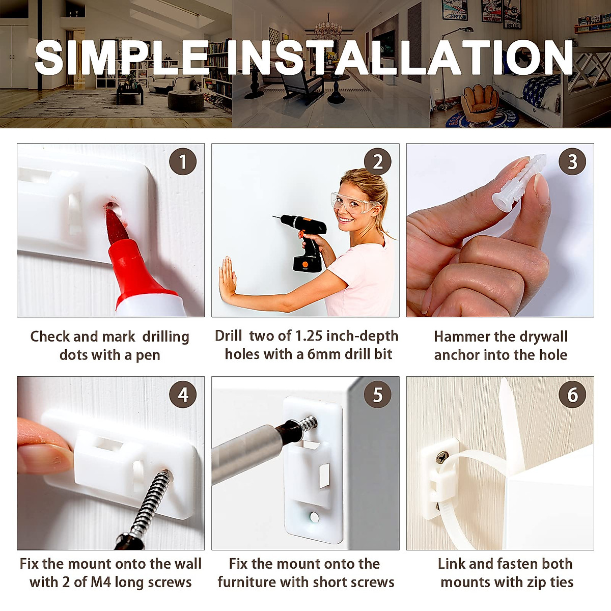 Furniture Wall Anchor (10 Pack) Anti Tip Furniture Anchors for Baby Proofing, Adjustable Dresser Wall Safety Straps for Table, Cabinet – Earthquake Resistant Straps for Home