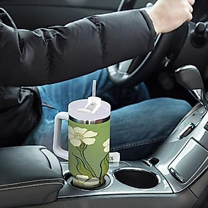 RPLIFE White Flowers Green 40 Oz Tumbler, Stainless Steel Cups with Lid, Tumblers for Women