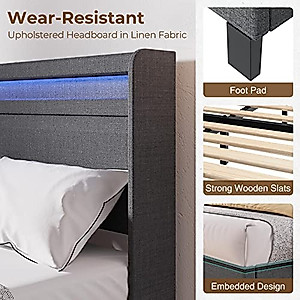 Rolanstar Bed Frame Queen Size with Headboard, Upholstered Platform Bed Frame Queen with LED Lights and USB Ports, Motion Activated Night Light & Solid Wood Slats, No Box Spring Needed, Dark Grey