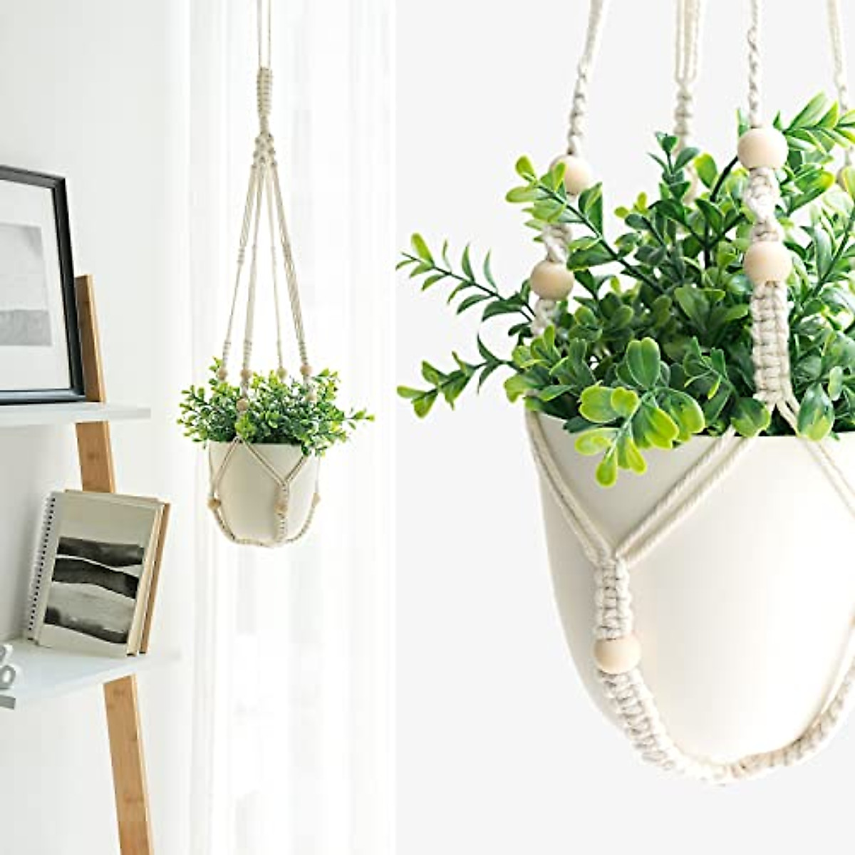 Mkono 3 Pack Macrame Plant Hangers with Pots, 35"/29"/23" Indoor Different Size Hanging Planter Basket Flower Pot Holder with Saucers & Hooks No Tassels (Plastic Flower Pots Included), Medium, Ivory