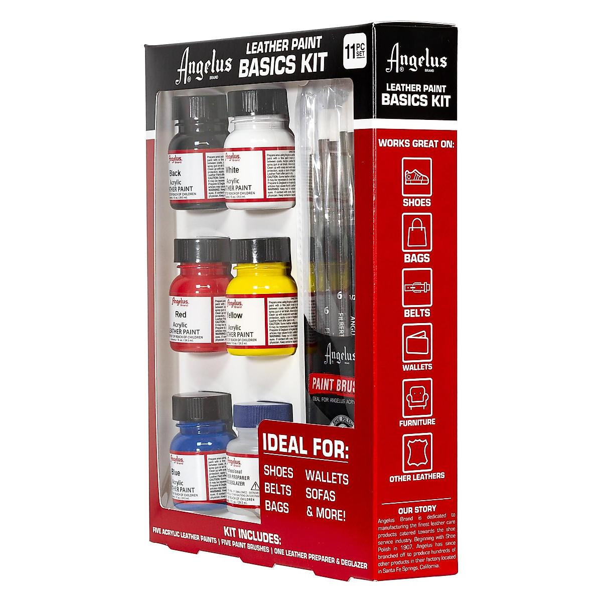 Angelus Leather Paint Kit- Basics Starter Kit Includes 5 Paints, Preparer Deglazer, & 5 Piece Paint Brush Set