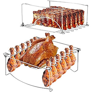 3-in-1 Rib Rack for Smoking & Chicken Leg Rack for Grill - Holds 6 Large Ribs, 12 Chicken Leg Wing, 1 Whole Chicken - Premium Foldable Space-Saving Chicken Drumstick Rib Racks for Grilling & Smoking