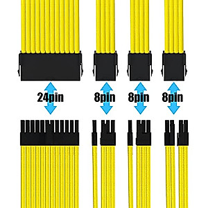 Funtin Mod Sleeved Cable, Yellow Power Supply Cable Extension Kit, 24PIN ATX, 4+4 PIN EPS, Dual 6+2 PIN PCIE