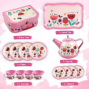 D-FantiX Kids Tea Set for Little Girls, 15Pcs Pink Tin Tea Party Set for Toddlers Afternoon Tea Time Playset with Metal Teapots Tea Cups Play Dishes Princess Toys Gifts with Carry Case