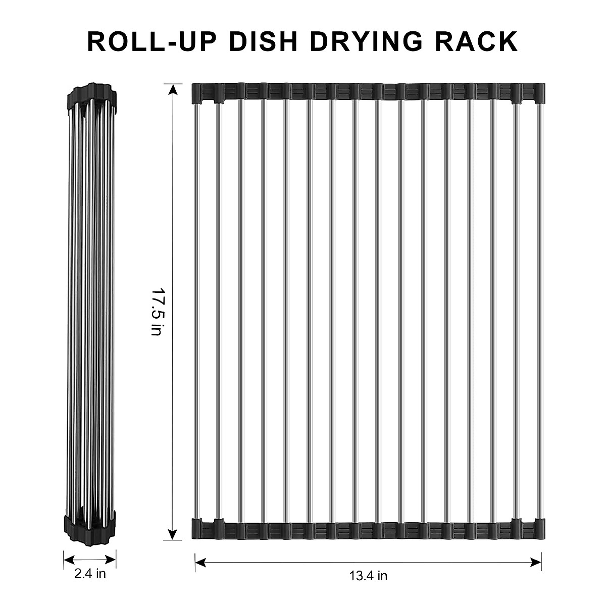 NileHome Roll Up Dish Drying Rack, Sink Drying Rack Over Sink Dish Drying Rack 304 Stainless Steel Foldable Drain Rack for Kitchen Sink Counter Utensils Vegetables and Fruits (17.5''X13.4'')，Black