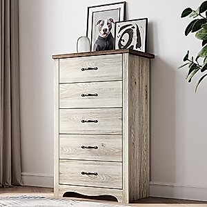 LINSY HOME 5 Drawer Chest, White Dresser for Bedroom, Dresser Organizer, Tall Dresser Wood Chest of Drawer for Nursery Kids Room Organizer with Anti-Tipping Device