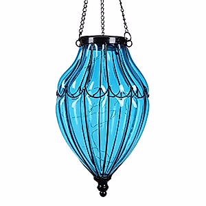 Exhart Outdoor Garden Solar Lights, Blue Glass Hanging Garden Lantern with Waving Metal Pattern, 15 LED Firefly Lights, 7.5 x 25 Inch