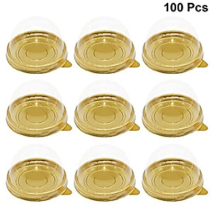 NUOBESTY Individual Cupcake Boxes, 100pcs Golden Tray Round Plastic Transparent Dome Cupcake Boxes Egg-Yolk Puff Food Container Single Mooncake Dome Boxes Baking Packing Box |2.75x2.75x1.96 inch