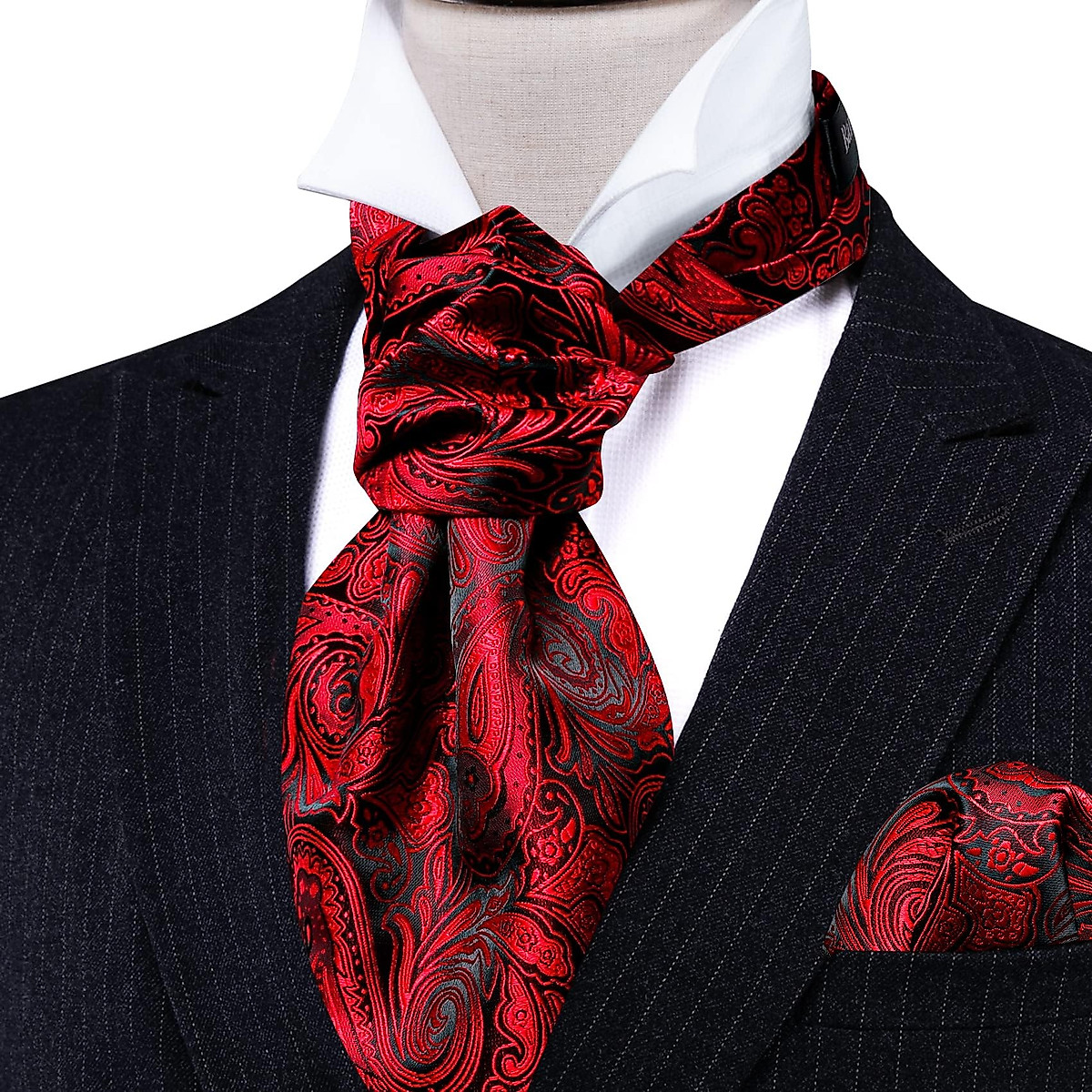 Barry.Wang Men Ascot Tie Set Cravat Paisley Red Silk Scarf Self Necktie Handkerchief Cufflinks Formal Wedding Party Prom
