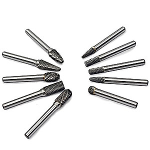 Carbide Burr Set JESTUOUS 1/4 Inch Shank Diameter Double Cut Tungsten Carbide Cutting Burrs Rotary Files Bits for Die Grinder Metal Grinding Woodworking Drilling Carving,10pcs