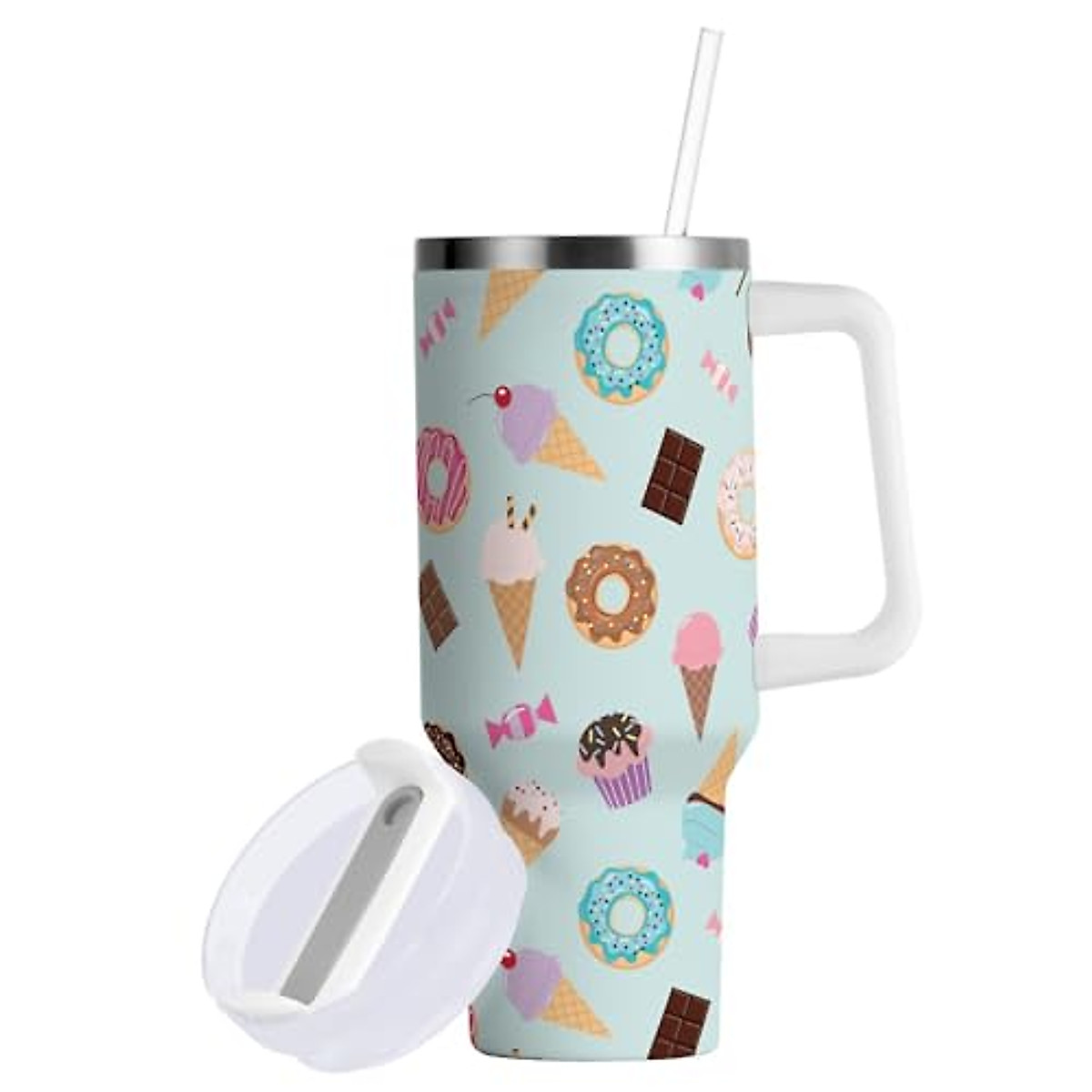 ARGTILDN 40 oz Tumbler Ice Cream Donuts Cupcakes Candy Insulated Travel Mug with Handle and Straw Lid Stainless Steel Vacuum Coffee Cup Tea Beverage Container Water Bottles for Car Sports office