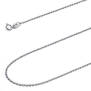 14k REAL White Gold Solid 1mm Side Diamond Cut Rolo Cable Chain Necklace with Spring Ring Clasp - 22"