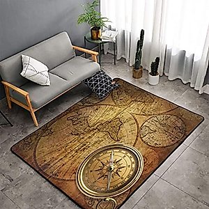 Magical Compass Washable Area Rugs,Old Vintage Retro Compass On World Map Soft Large Floor Carpets Non-Skid Rug for Kids Room Living Room Bedroom Home Decor 6.6x4 Ft