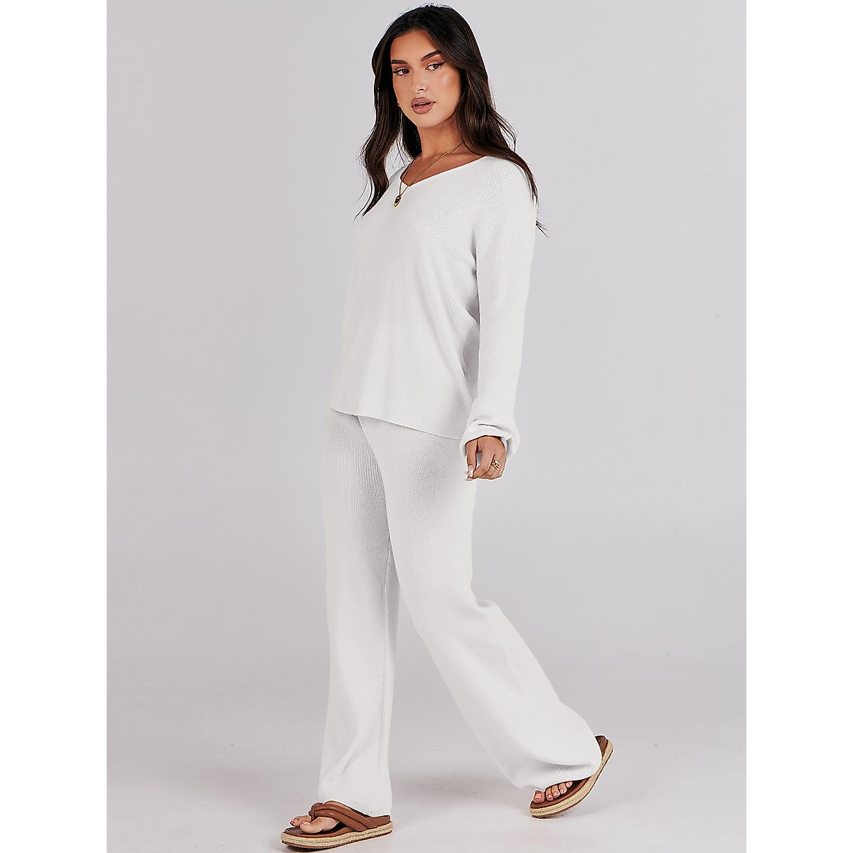 ANRABESS Women 2 Piece Outfits Sweater Lounge Sets Long Sleeve Cable Knit Pullover and Wide Leg Pants Tracksuit Matching Set White Large