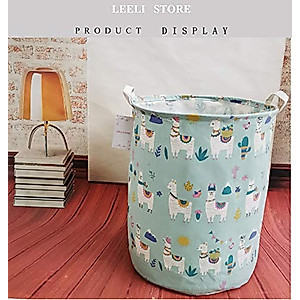 LEELI Laundry Hamper with Handles Collapsible Canvas Laundry Basket,Waterproof Storage Basket Home Organizer for Nursery,Clothes,Toys,Baby Hamper19.7×15.7(Blue Llama)