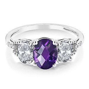 Gem Stone King 10K White Gold Amethyst and White Topaz and Diamond Accent 3 Stone Engagement Ring For Women (2.05 Cttw, Gemstone Birthstone) (Size 6)
