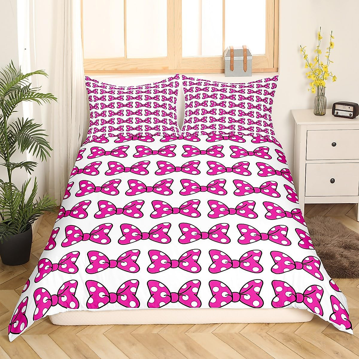 Bowknot Kids Duvet Cover Set Queen Size,White Dots Bow-tie Cartoon Bedding Set,Children Girls Women Room Decor,Princess Style Dreamy Comforter Cover,Rose Pink Romantic Quilt Cover,2 Pillowcases